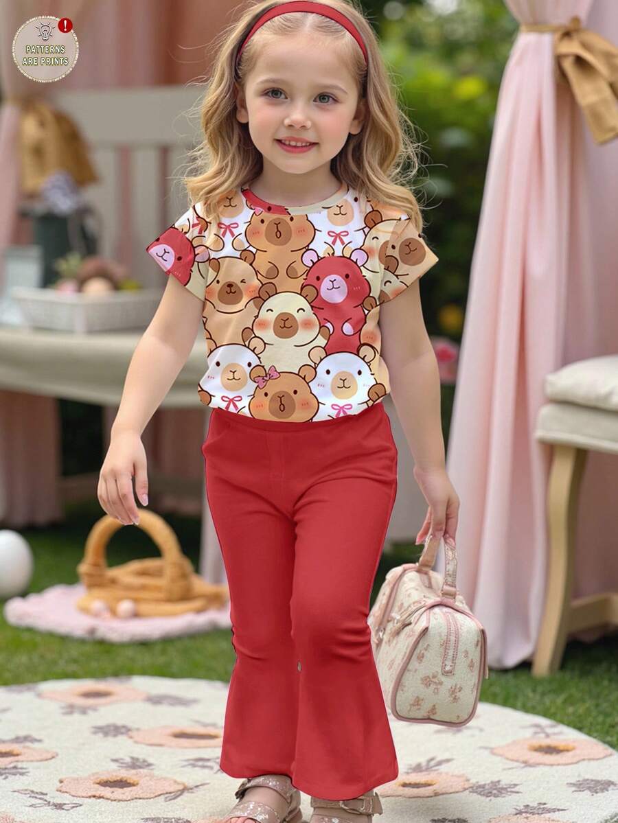 2pcs/Set Young Girl Casual Cute Capybara Cartoon Animal Print Raspberry ...