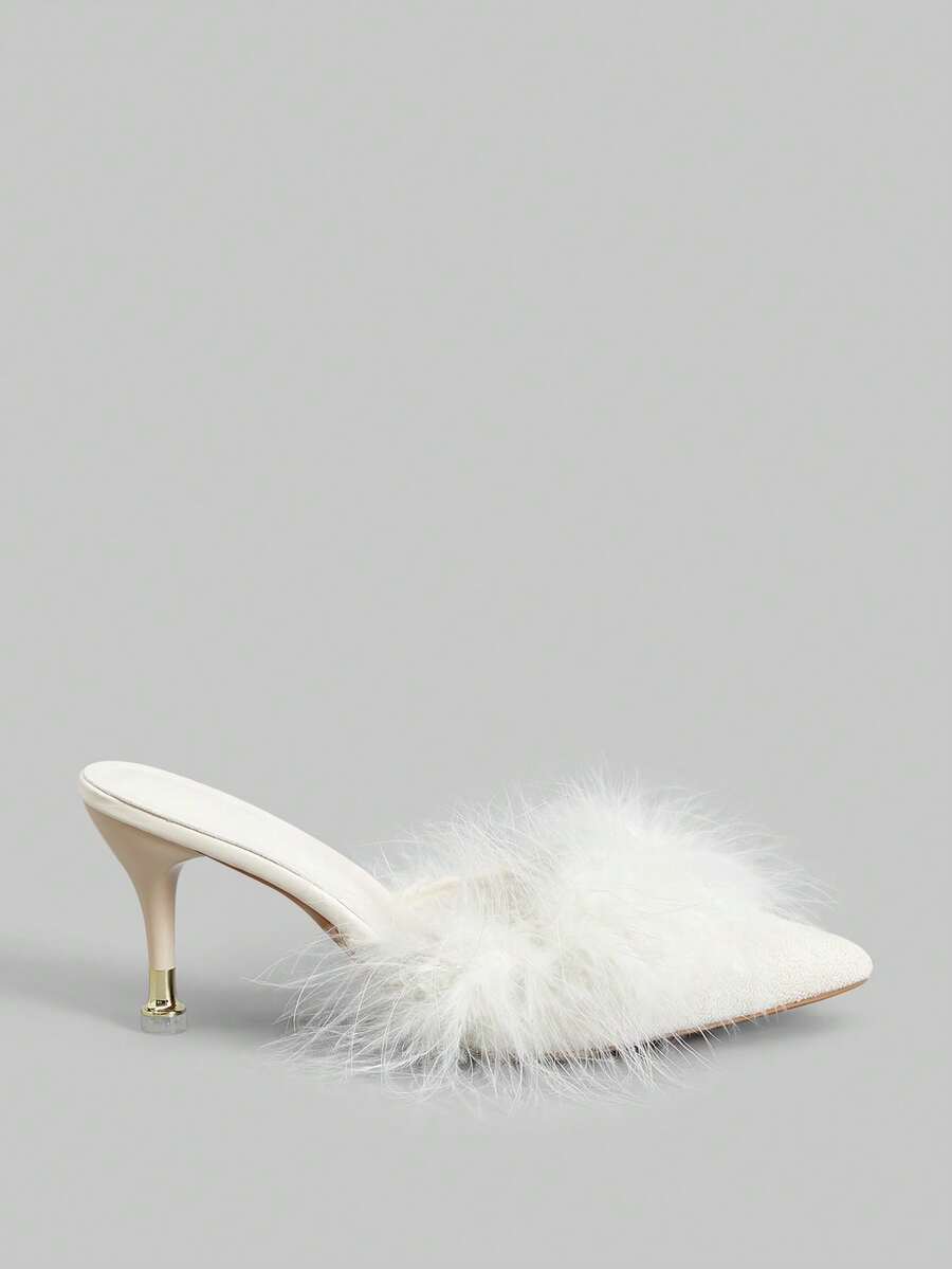SHEIN BAE Women's High Heel Mules, Pointed Toe Fluffy Sweet Slip-On ...