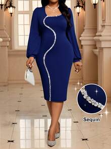 SHEIN Lady Abito elegante aderente con maniche a lanterna e scollo a U ...