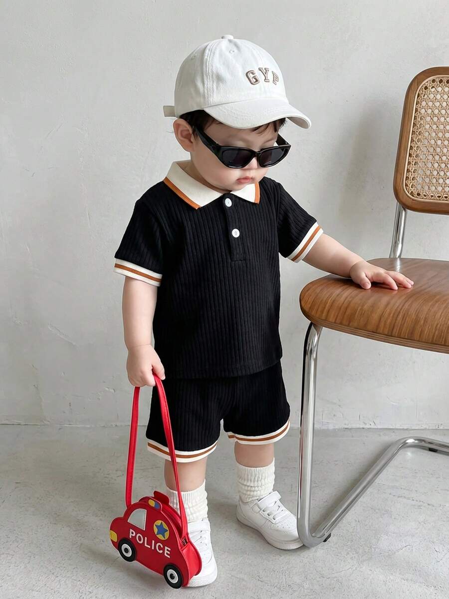 SHEIN 2pcs Baby Boy Sets, Black Striped Polo Shirt Top And Black Shorts ...