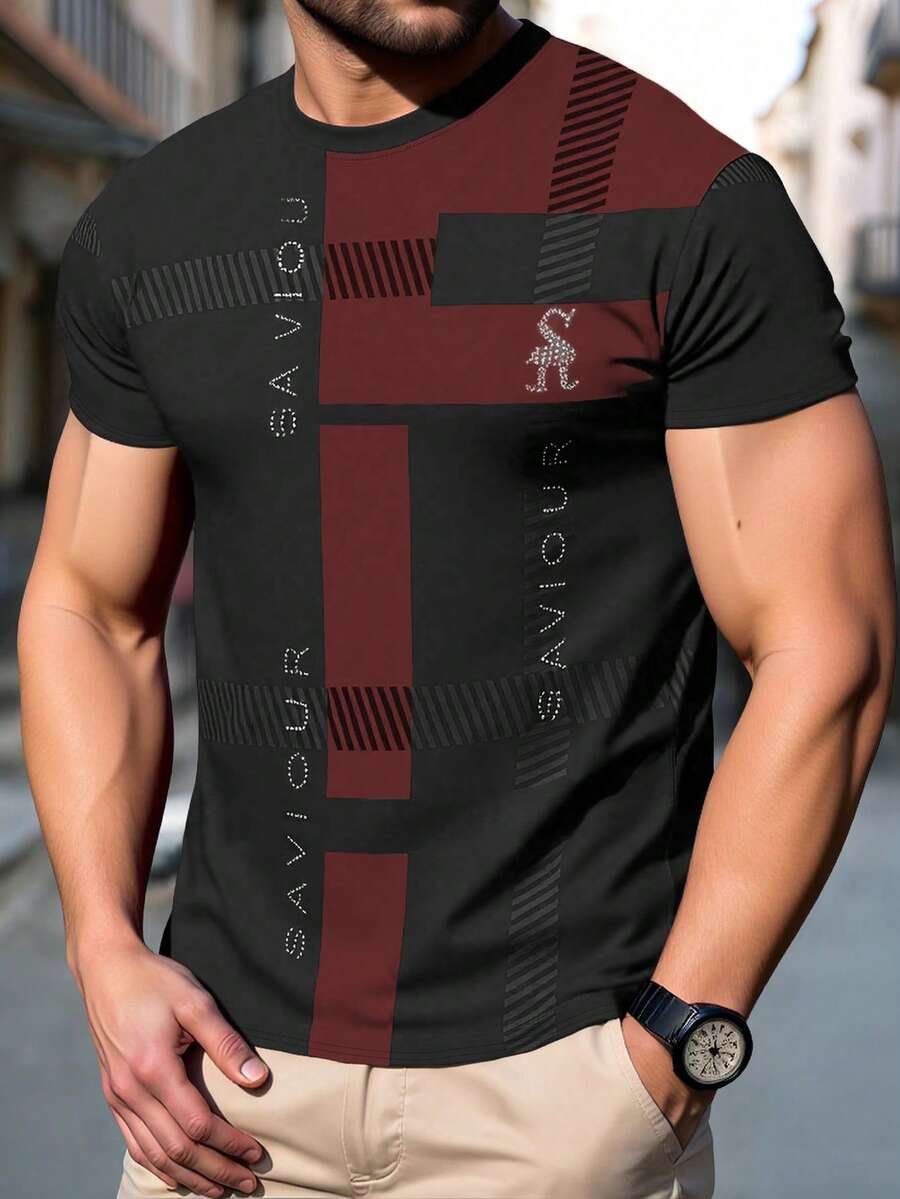 Manfinity Dauomo Men's Casual Round Neck Plaid & Letter Print Short ...