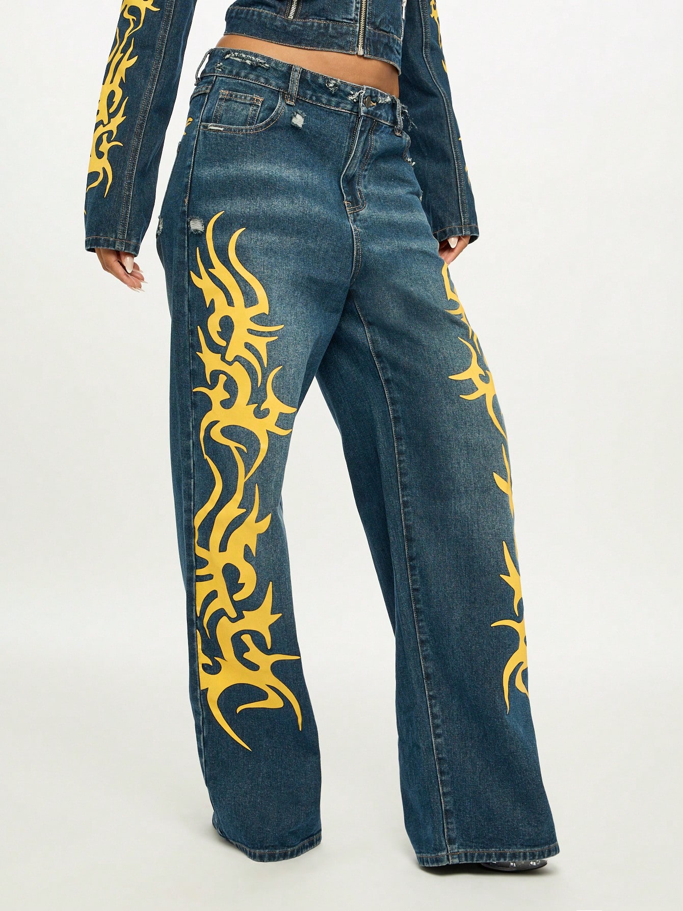 Plus Size High Rise Wide Leg Flame Print Jeans With Yellow Graphics ...