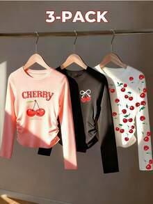 3pcs/Set Tween Girls Cherry Print Long Sleeve Snug Fit T-Shirts ...