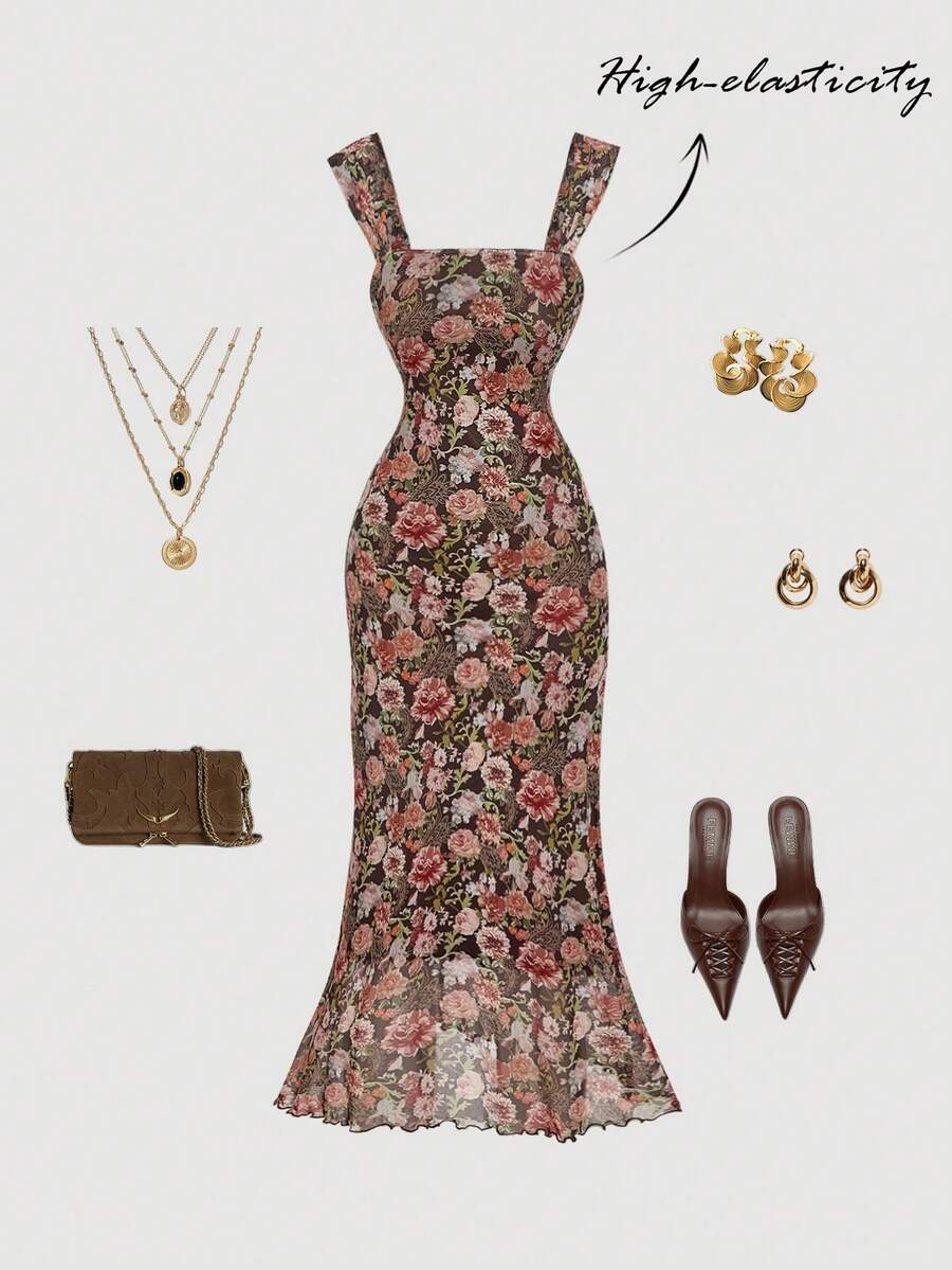 SHEIN MOD Khaki Floral Mermaid Hem Long Dress – Vintage 70s, Y2K, Date ...