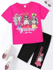 Tween Girl 2pcs/Set Summer Casual Letter & Cartoon Print Short Sleeve T ...