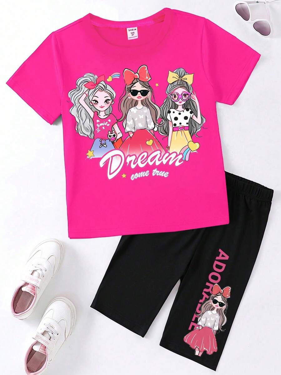 Tween Girl 2pcs/Set Summer Casual Letter & Cartoon Print Short Sleeve T ...