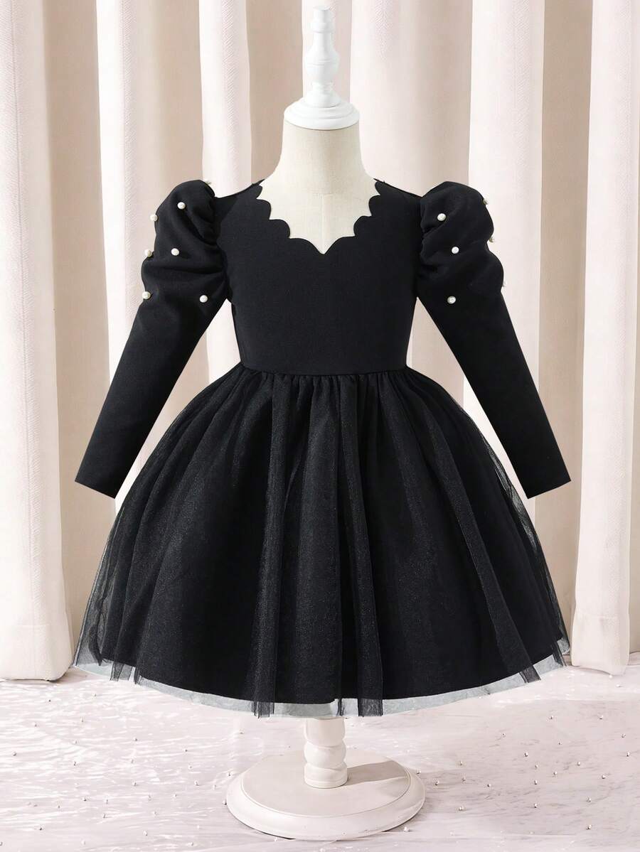 Glamorique Kids Girls' Elegant High-End Black Long Sleeve Dress,Gigot ...
