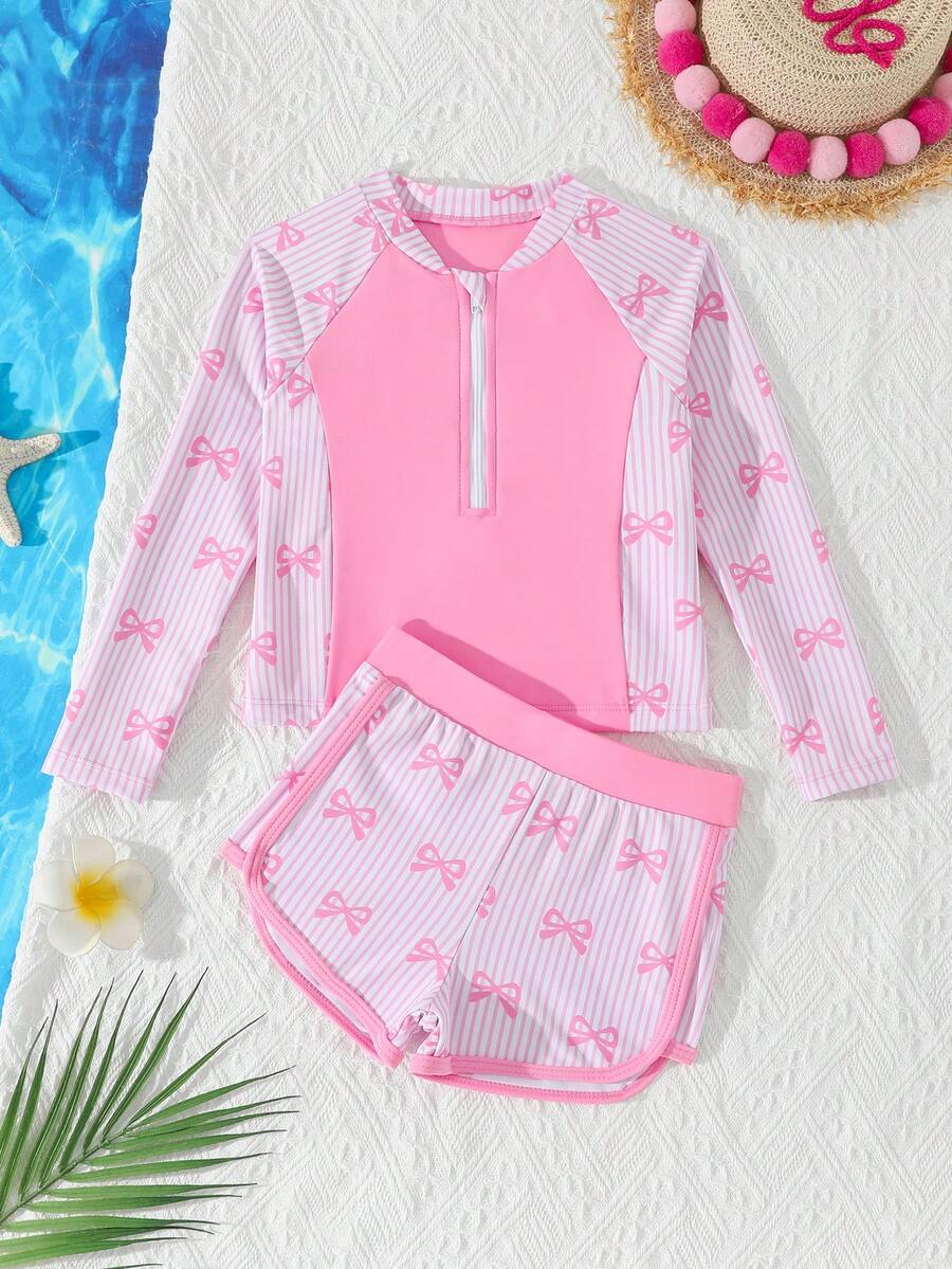 SHEIN Young Girl Striped Patchwork Zip-Up Half Placket Bow Print Long ...