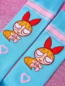 THE POWERPUFF GIRLS X SHEIN 1 Pair Women Cartoon & Letter Graphic Blue ...