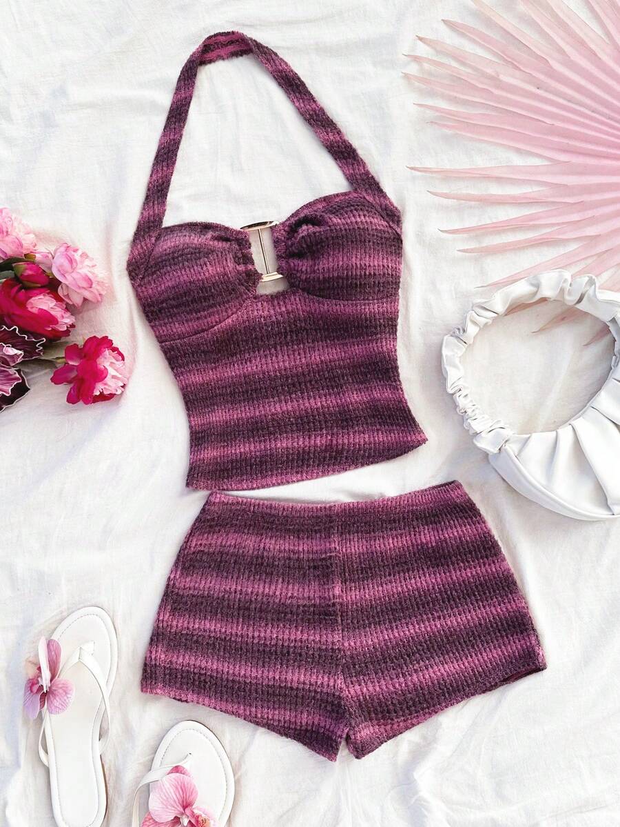 Soleia Women's Striped Knit Textured Fabric Metal Decor Halter Neck Tie ...