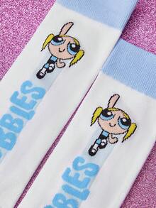THE POWERPUFF GIRLS X SHEIN 1 Pair Women Cartoon & Letter Graphic Blue ...
