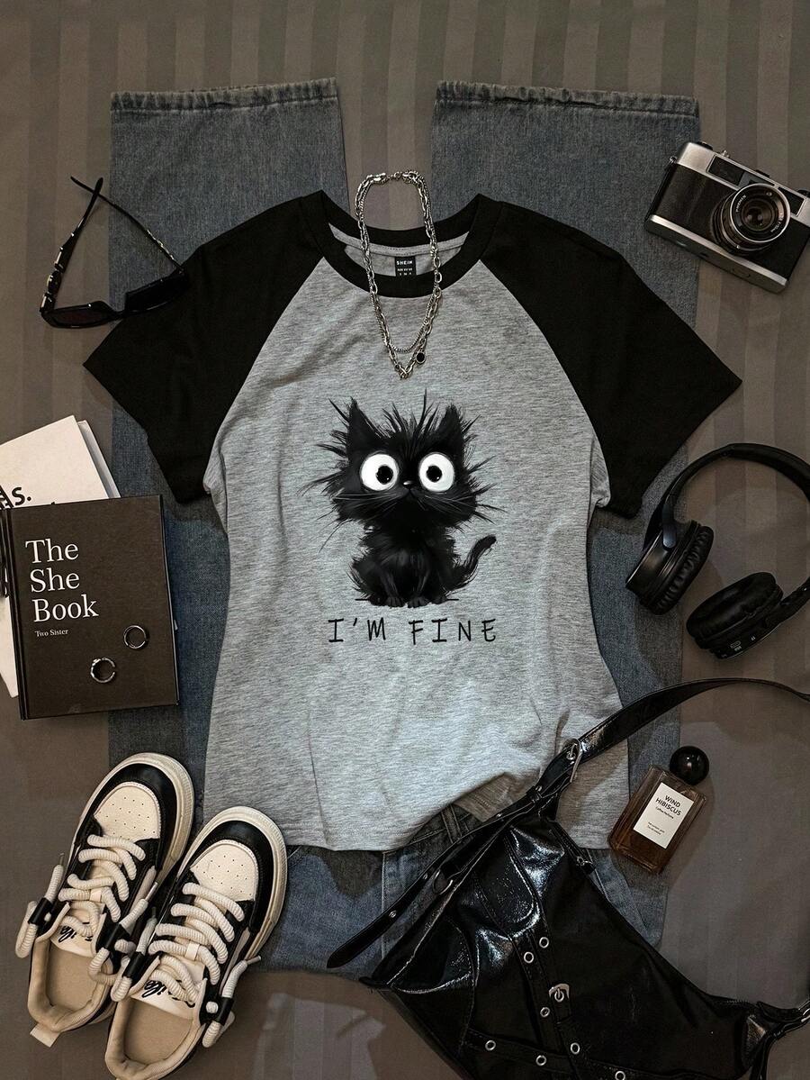 Attitoon Casual Minimalist Black Cat Graphic & Handwritten Letter Round ...