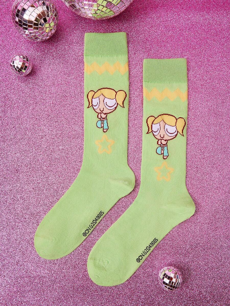 THE POWERPUFF GIRLS X SHEIN 1 Pair Women Cartoon & Letter Graphic Blue ...