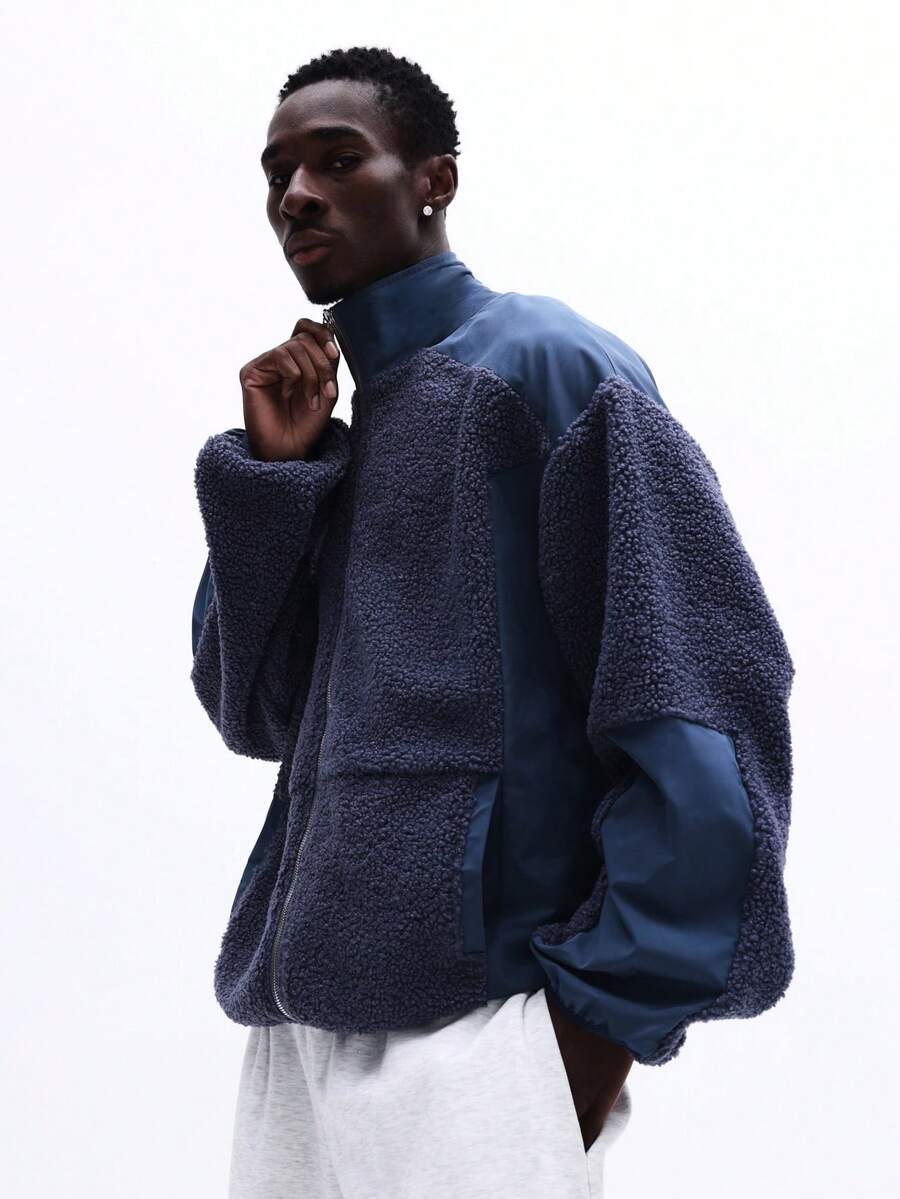 SUMWON Elliot Fleece Zip Up Jacket With Contrast Panels For Fall Winter ...