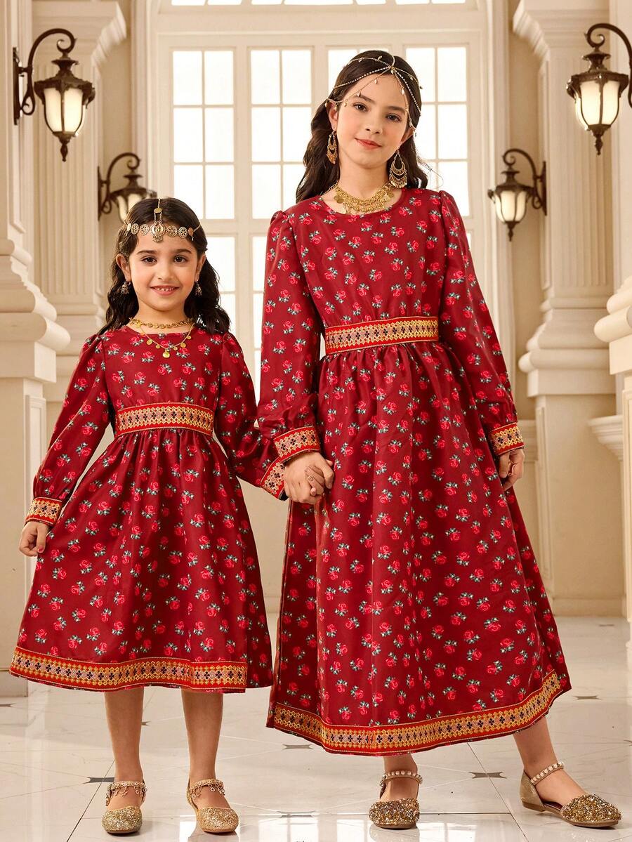 Vestido de Manga Longa com Gola Redonda e Estampa Floral Vintage Bordô ...