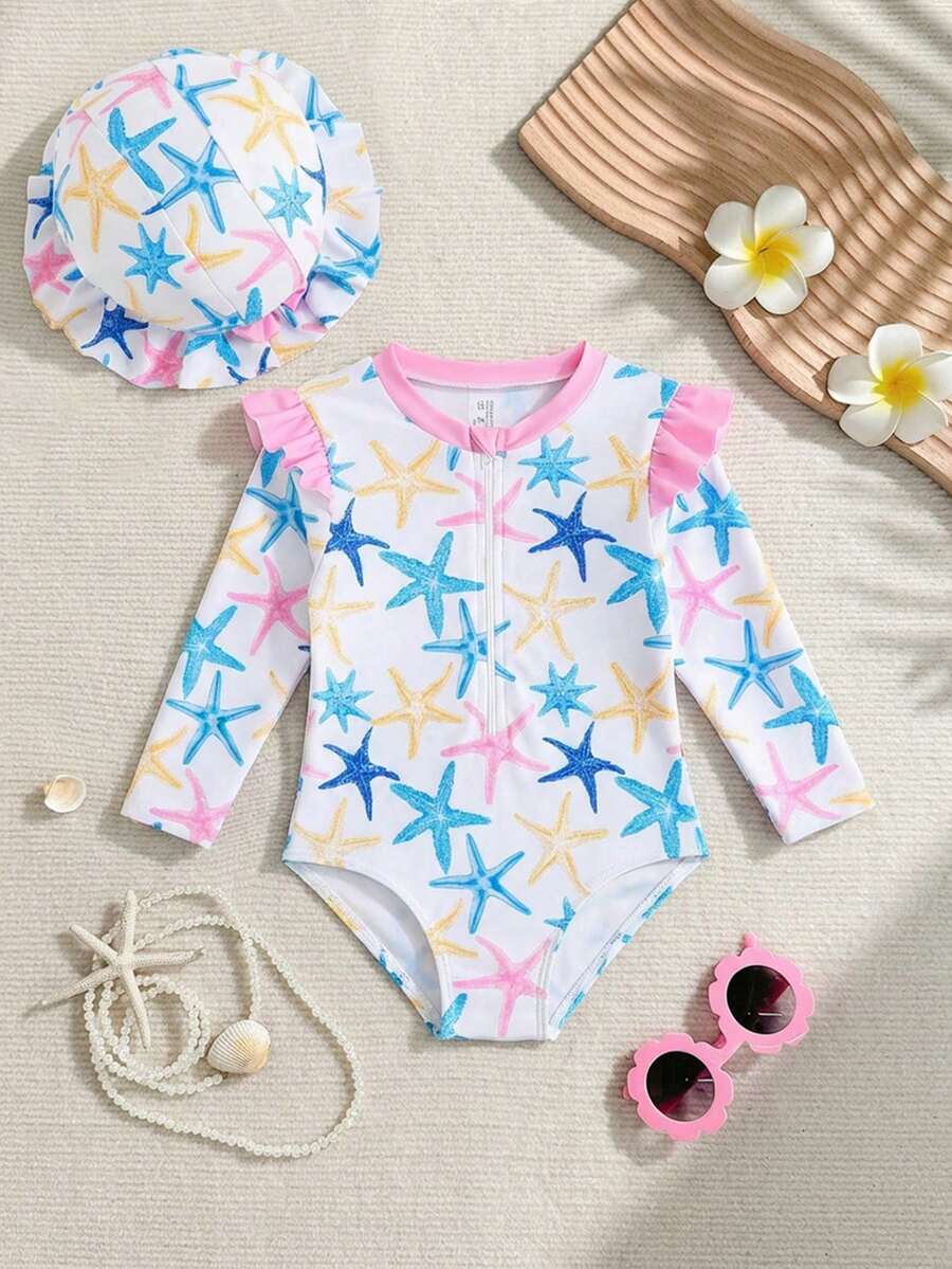 Baby Girl Starfish Print Zipper Ruffle Trim Long Sleeve Swimsuit 2026 ...
