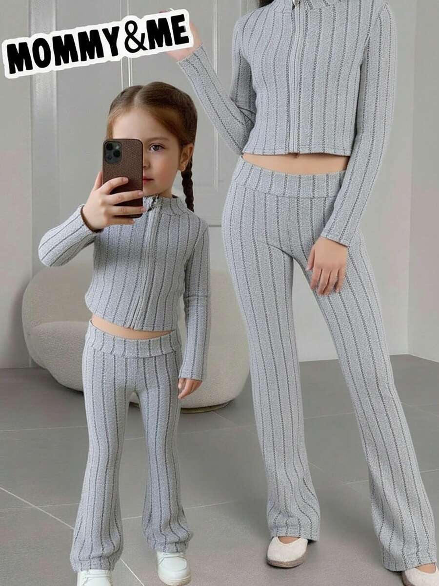 Young Girl 2pcs Set Stand Collar Zipper Solid Color Long Sleeve Top And ...