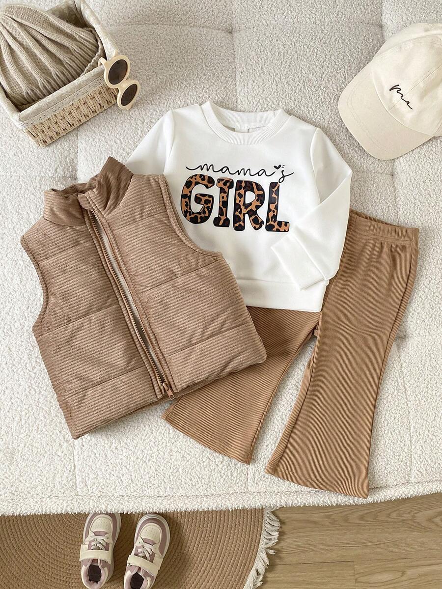 3pcs/Set Autumn/Winter Corduroy Padded Vest + White Round Neck Printed ...