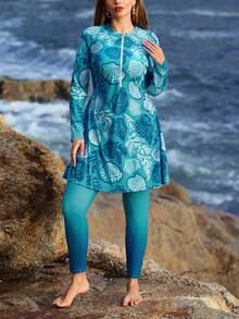 Swim Shayni Burkini com Estampa de Concha Plus Size | SHEIN Brasil
