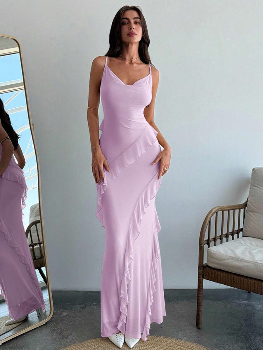 Aloruh Romantic Date Spaghetti Strap Frill Trim Bodycon Dress For Women ...