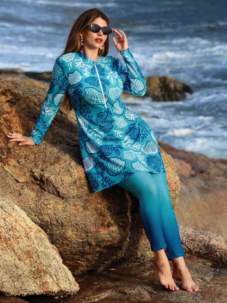 Swim Shayni Burkini com Estampa de Concha Plus Size | SHEIN Brasil