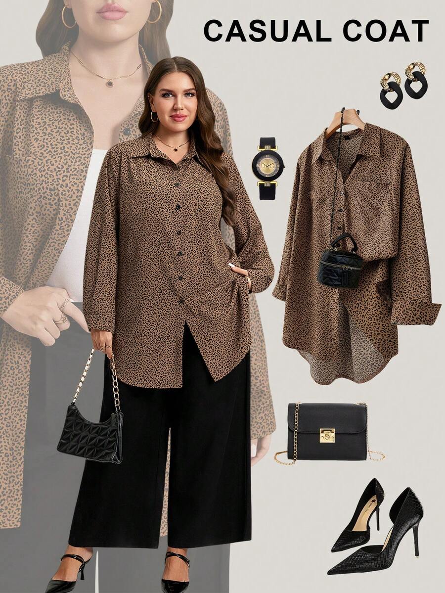 SHEIN LUNE Plus Size Women Leopard Print Long Sleeve Single-Breasted ...