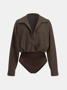 Airaco Plus Size Women Casual Striped Button-Up Long Sleeve Bodysuit ...