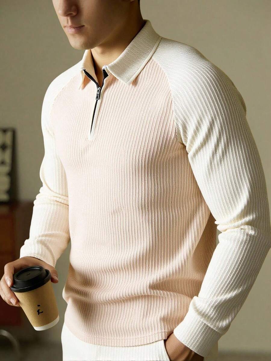 Manfinity Homme Camisa Polo com Zíper e Textura para Homens, Modelo ...