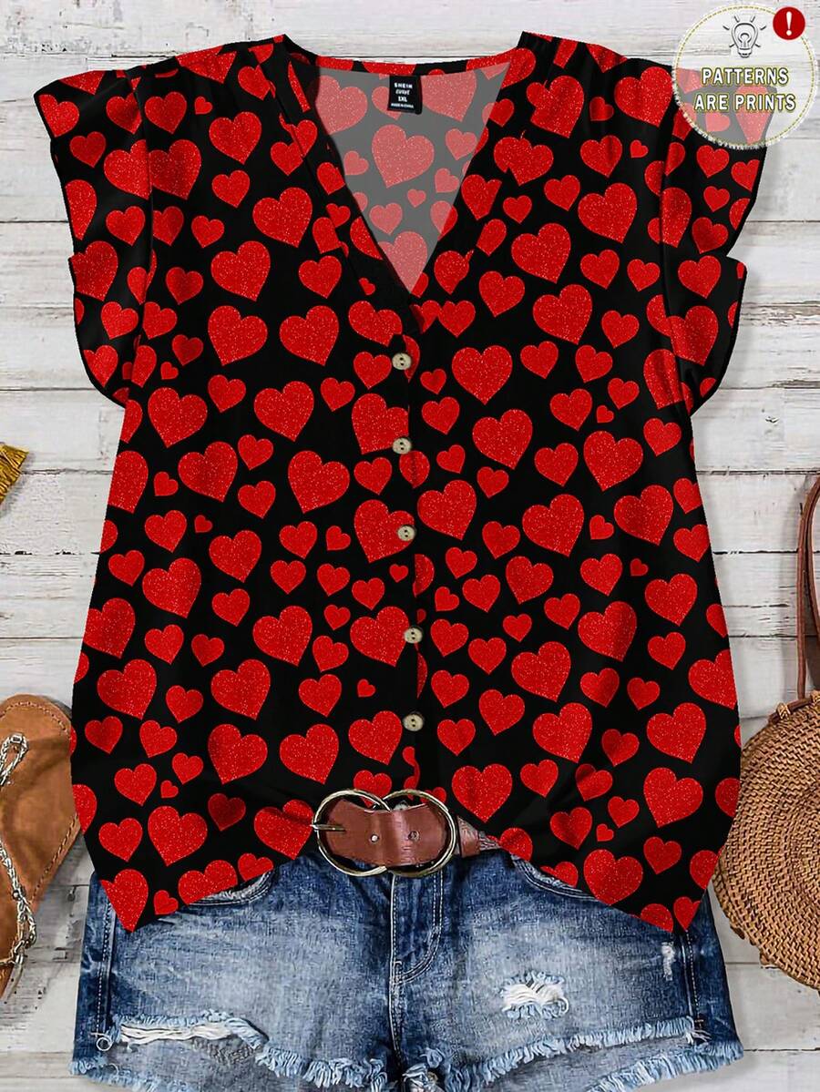 EMERY ROSE Glitter Textured Heart Print Casual Loose Fit Plus Size ...