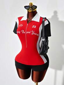 BamGleam Color Block Sports Jumpsuit For Women, Red White Black Collar ...