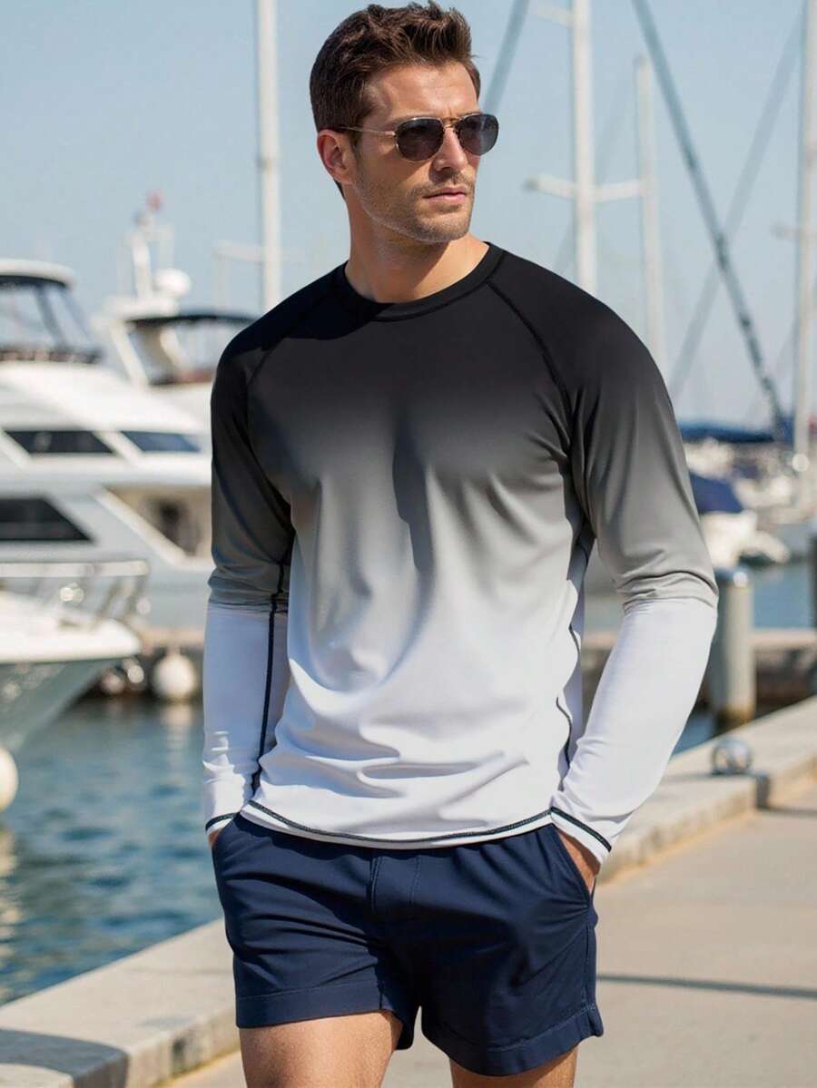Manfinity Swimmode Ombre Crew Neck Long Sleeve Men's Swim Rashguards T ...