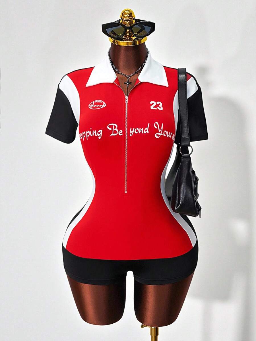 BamGleam Color Block Sports Jumpsuit For Women, Red White Black Collar ...