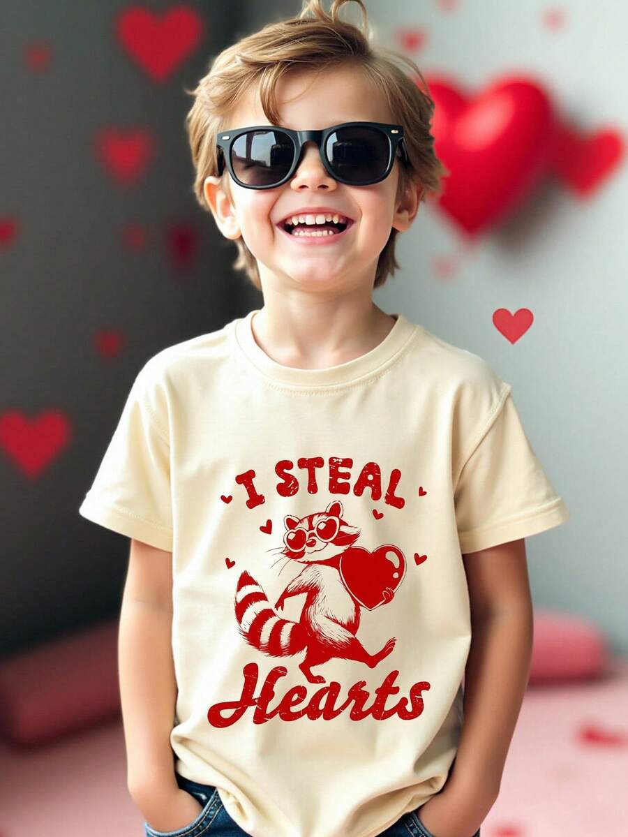 Young Boys Casual Fashion Funny Creative Cartoon Raccoon Heart "I STEAL ...