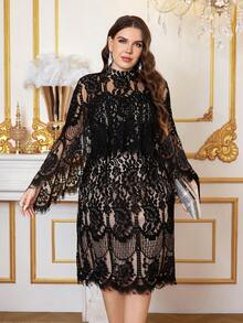 Reflora Plus Size Women's 2 Pieces Black Lace Outfit: Cape & Slip Dress ...