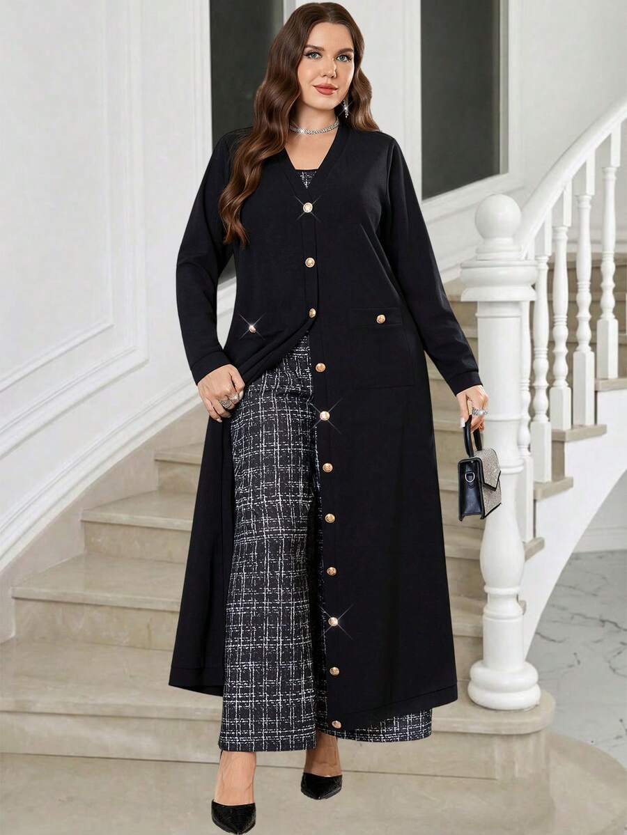 SHEIN Clasi Curvy Plus Size Women's Black Knit Three-Piece Set: Long ...