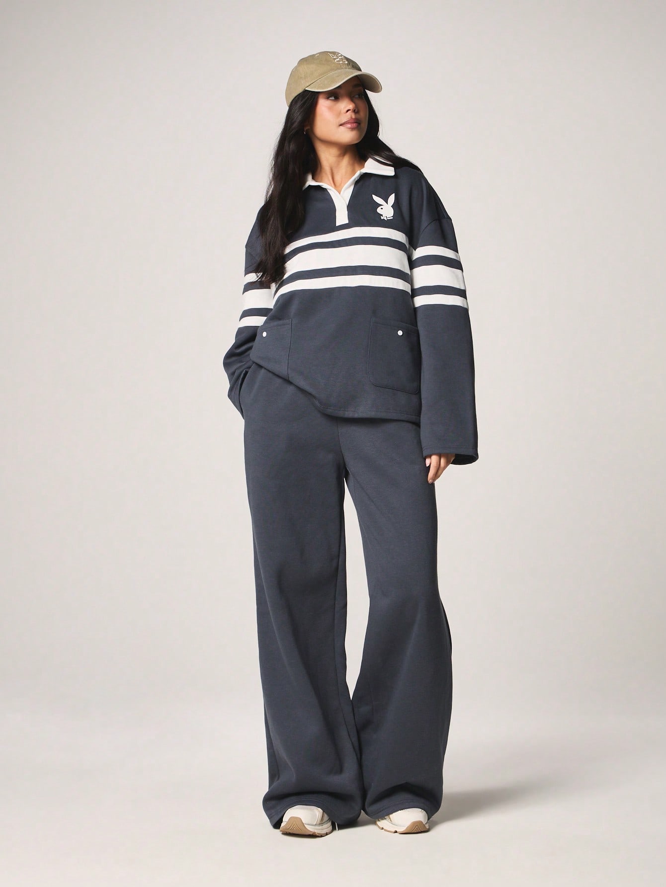 Missguided x Playboy Striped Polo Sweatshirt And Wide Leg Joggers Set ...