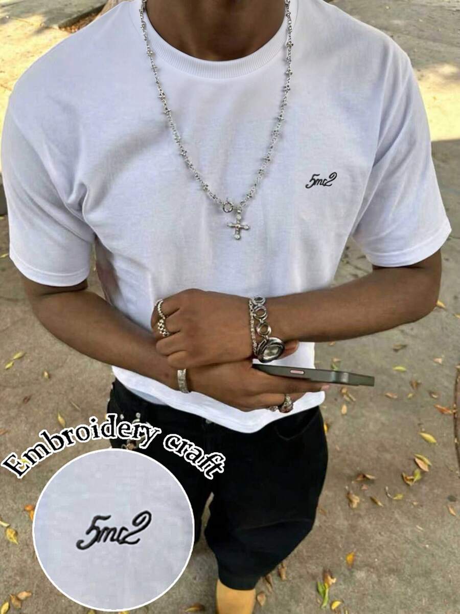 Men's Letter Embroidered Round Neck Short Sleeve Casual Versatile T ...