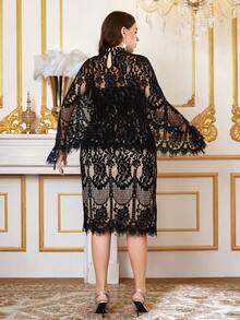 Reflora Plus Size Women's 2 Pieces Black Lace Outfit: Cape & Slip Dress ...