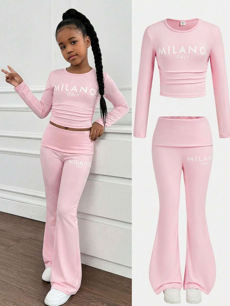 SHEIN Tween Girl Casual Round Neck Letter Print Ruched Long Sleeve ...