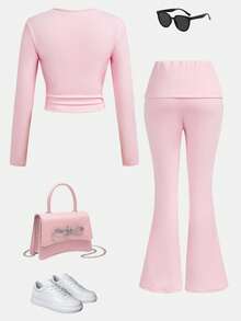 SHEIN Tween Girl Casual Round Neck Letter Print Ruched Long Sleeve ...