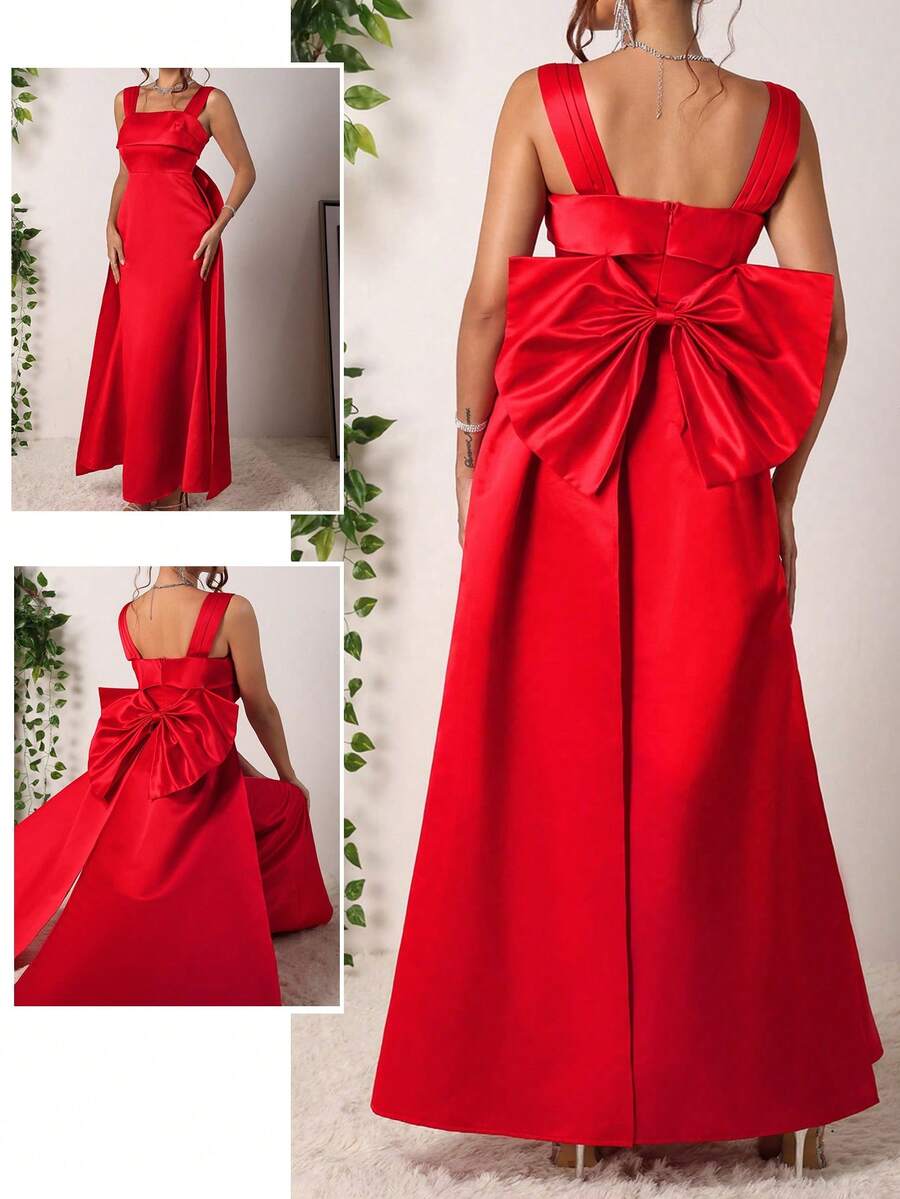 SHEIN Unity Women's Long Dress, Red, Dignified Bowknot, Slimming ...