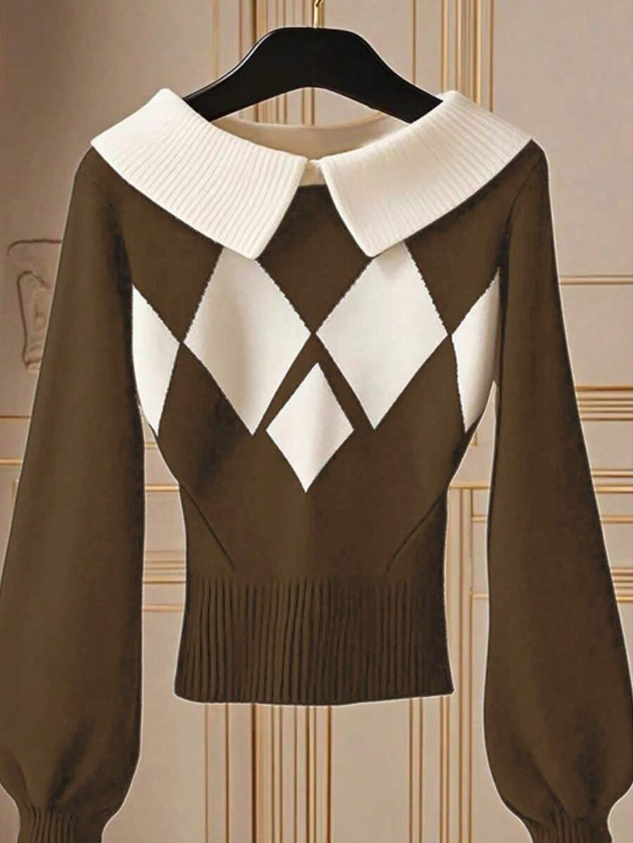 SHEIN Franclia Suéter de cuello alto con mangas farol y patrón de ...