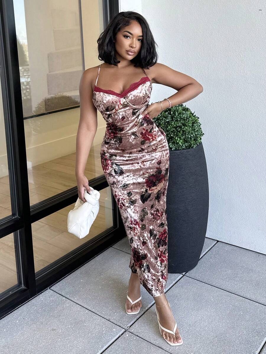 Alexandranx Vestido Longo Floral com Barra de Renda, Alça Fina e ...