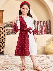 SHEIN Young Girls' Retro Loose Casual Square Neck Patchwork Pattern ...