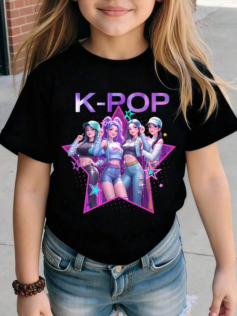 Young Girls' Casual Comfortable Fashionable Cartoon K-Pop Girl Letter ...