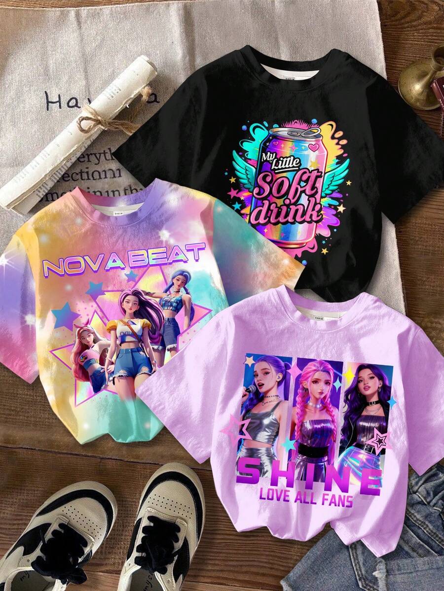 SHEIN 3pcs/Set Lavender, Tie-Dye, Black Cartoon Girl Portrait LUMINA ...