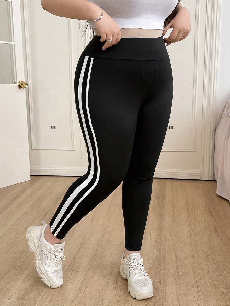 CovetEZ Plus Size Solid Color Patchwork Slim Fit Leggings, Casual ...