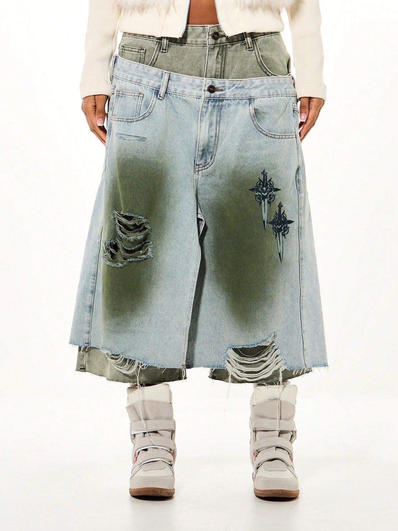 SUMWON WOMEN Double Layer Distressed Denim Jorts With Cross Print ...