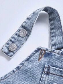 SHEIN Washed Denim Bib Pants For Baby Girls, Floral Print Loose ...