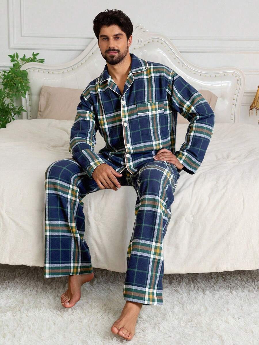 DAZY Conjunto de Roupa de Descanso Masculina com Camisa Xadrez ...